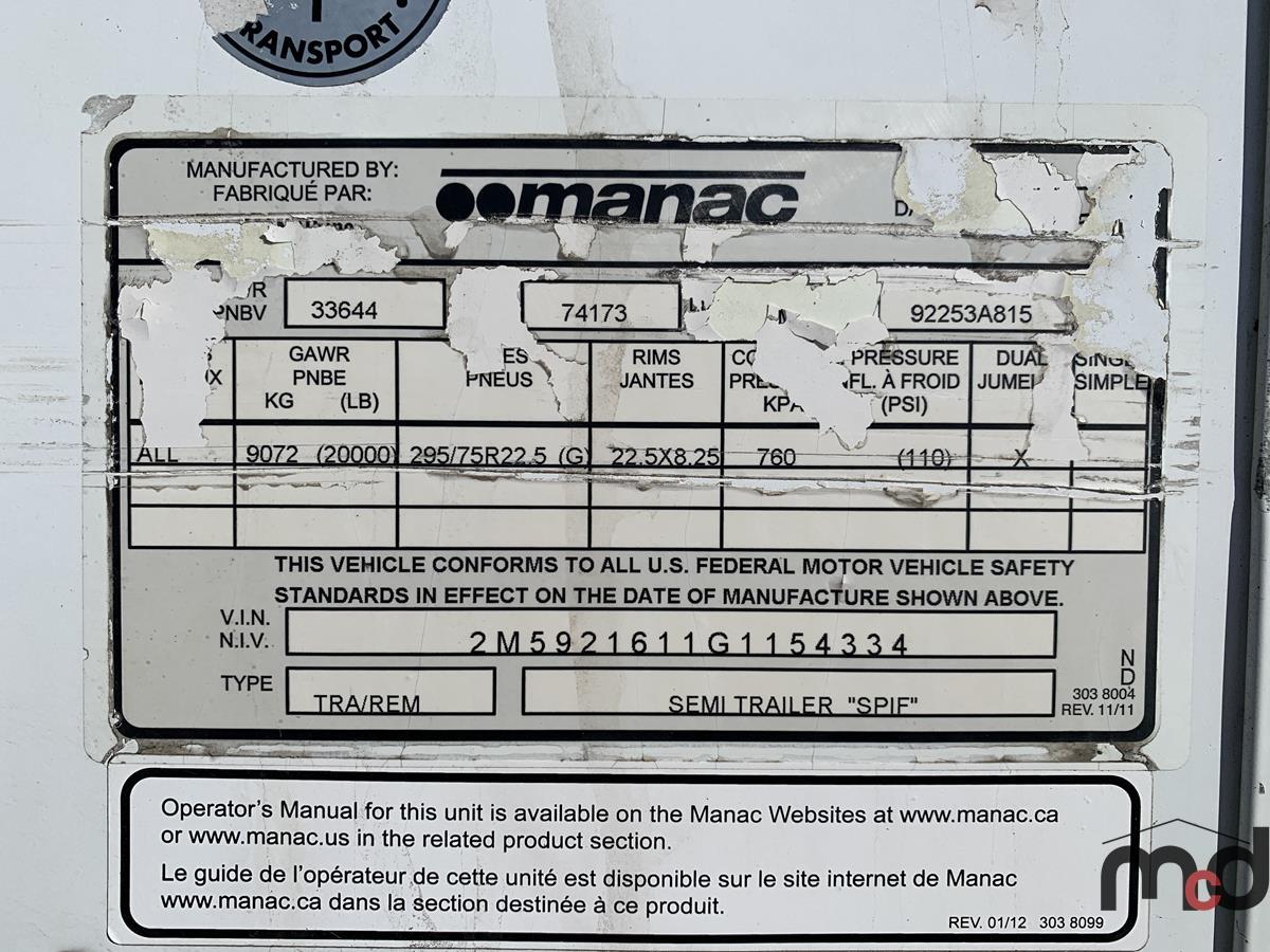 2016 Manac Dry Van T/A Semi Trailer